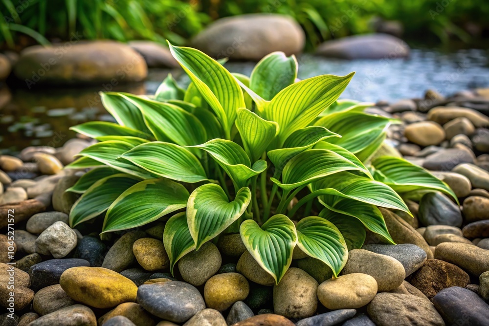 Fresh hosta plant set at a tilted angle among river rocks in a garden ...