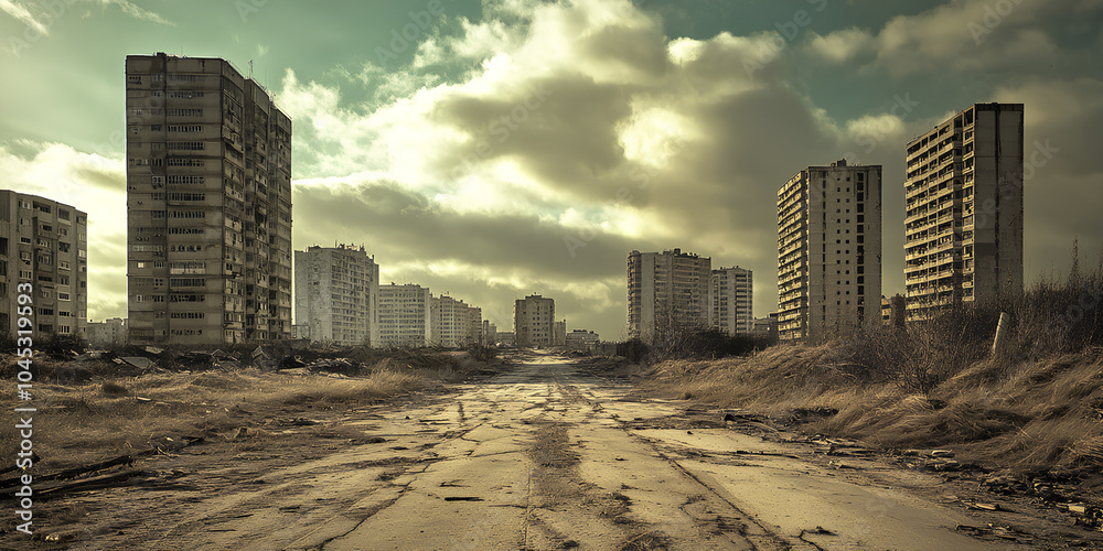 Desolate cityscape with a road in the middle of it. The buildings are ...