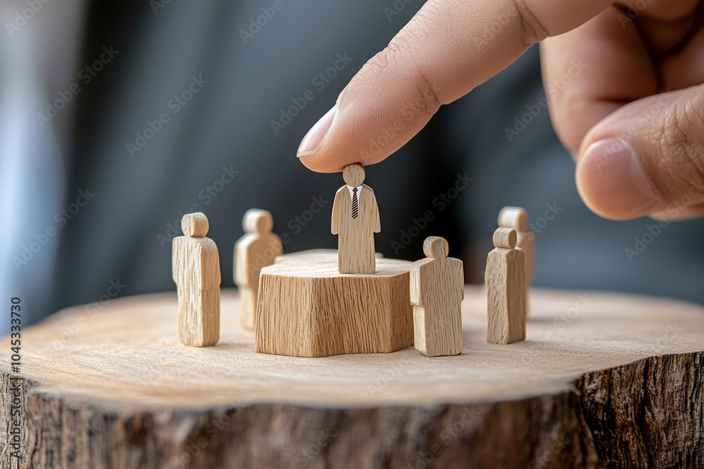 A hand is pointing at wooden figures of businesspeople standing on the ...