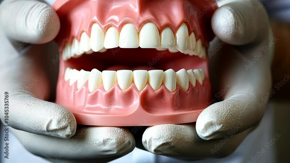 A dental model is held in gloved hands, showcasing the ideal alignment ...