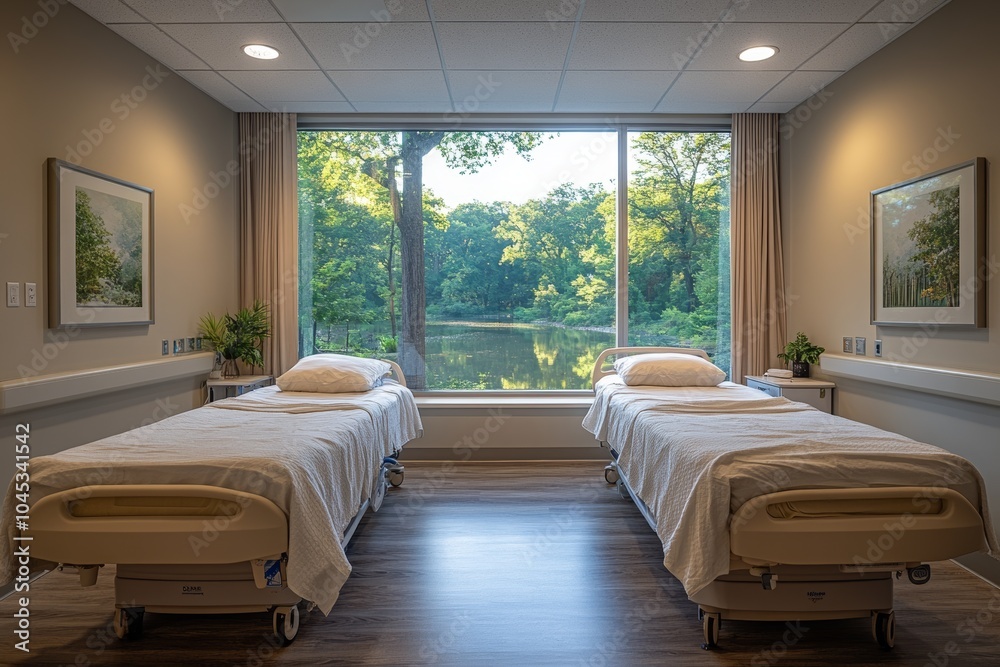 Interior of a cozy minimalist hospital room with beds and a large ...