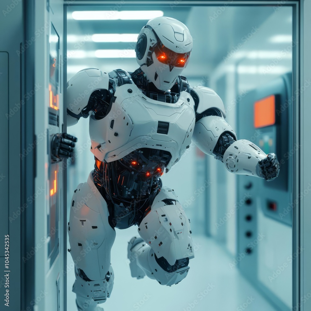 Giant robot breaking free from a containment unit in a high-tech ...