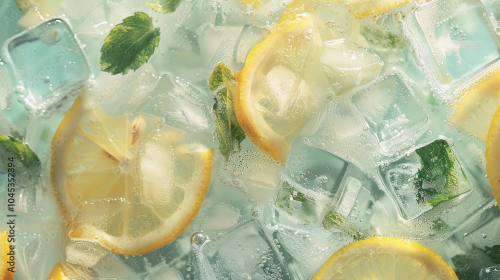 Refreshing ice cubes adorned with vibrant lemon slices and fresh mint leaves, gently bobbing in ...