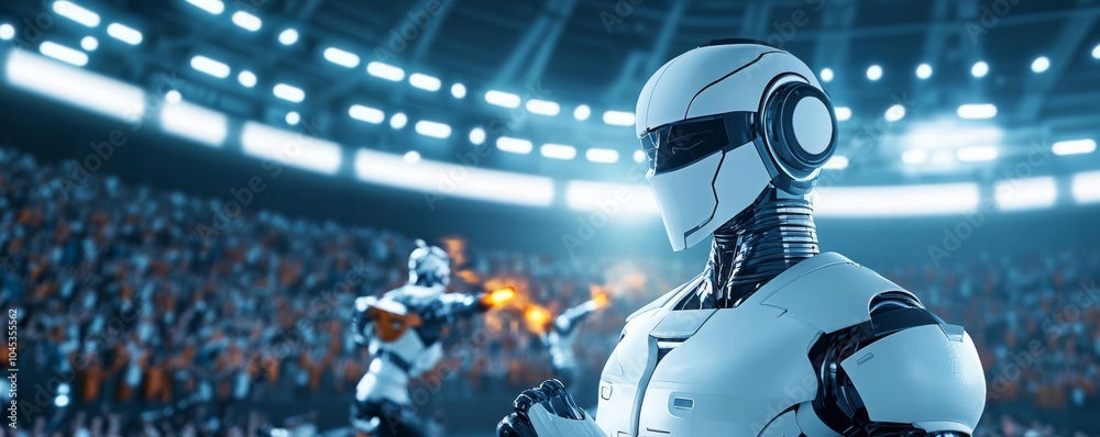Robot gladiator fighting in an arena, crowds cheering under a ...