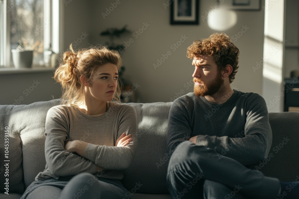 Young couple is sitting on their sofa at home with their arms crossed ...