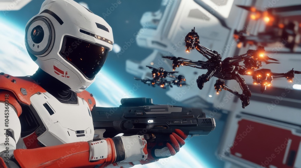 Robots fighting off a swarm of alien drones in the middle of a space ...