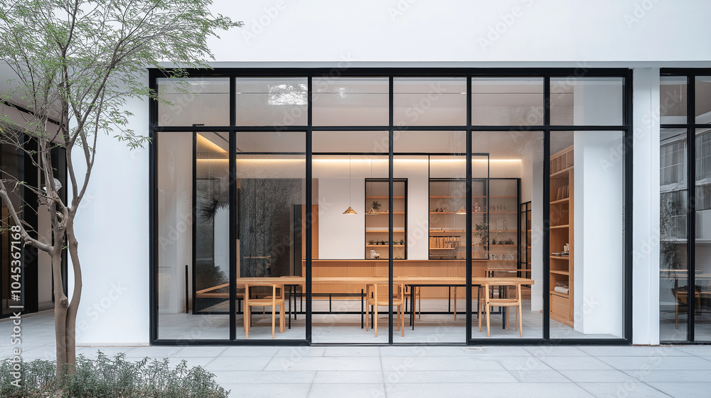 Storefront with white walls and black metal accents, glass windows ...