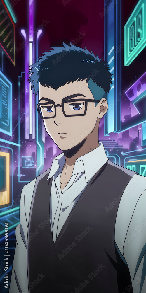 Anime character blue and black futuristic city cyberpunk technology ...