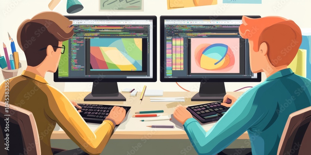 Cartoon artists are working on computer designs. They're chatting ...