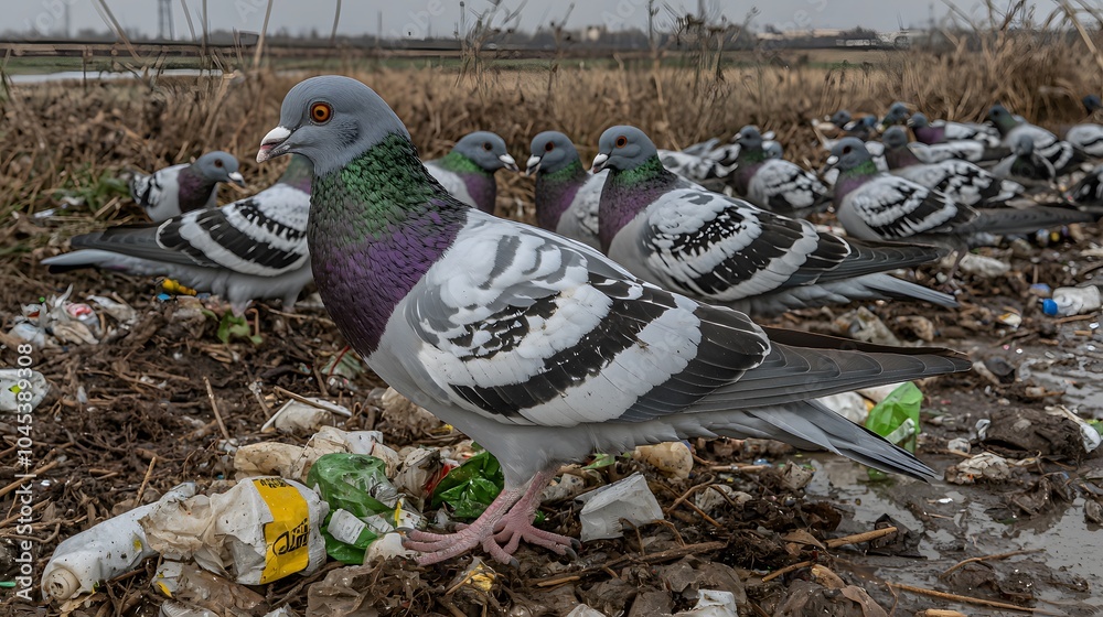 Pigeons Amidst Trash: Flock of pigeons feeding on food waste and trash ...