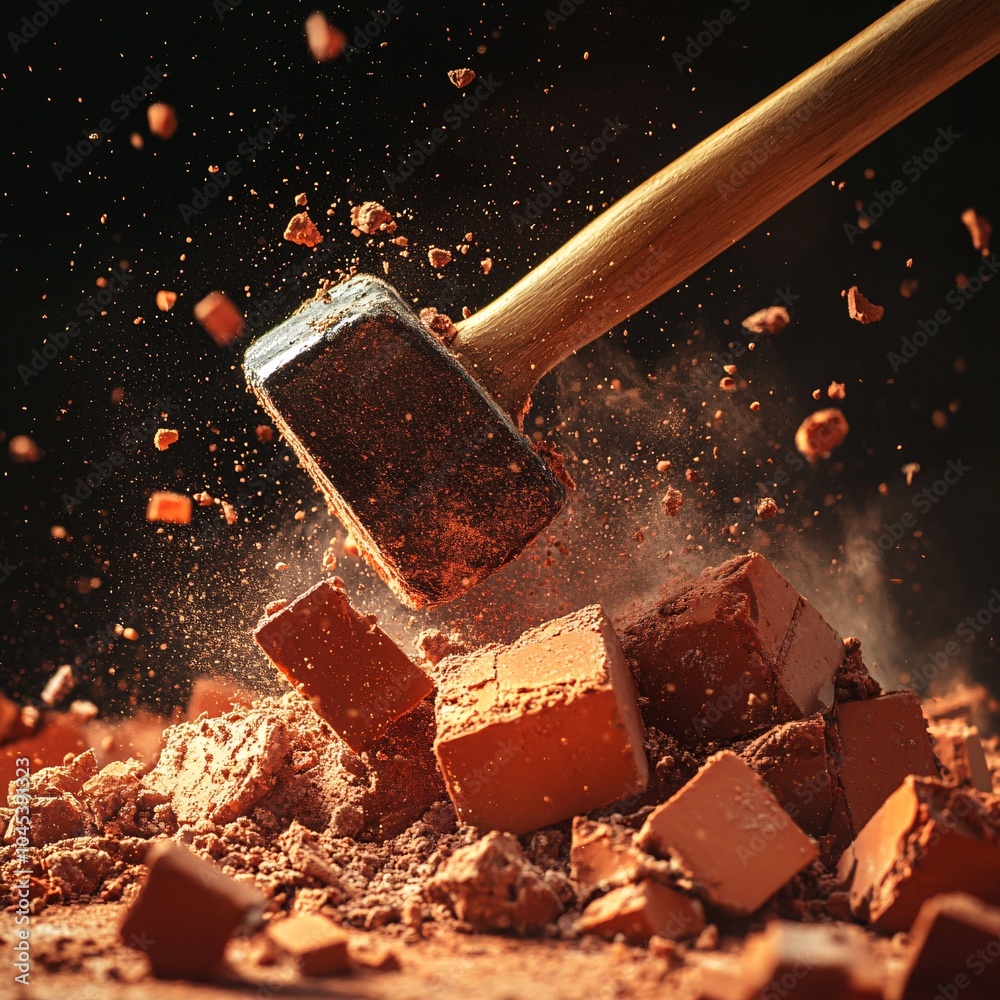 A heavy hammer striking bricks, creating dust and debris in a dynamic ...
