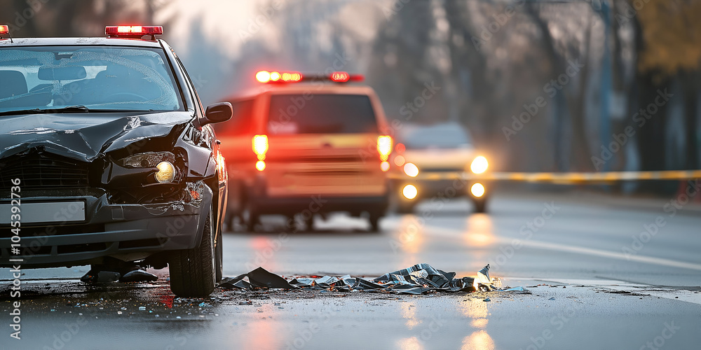 damaged car involved in a minor collision on a busy road with emergency ...