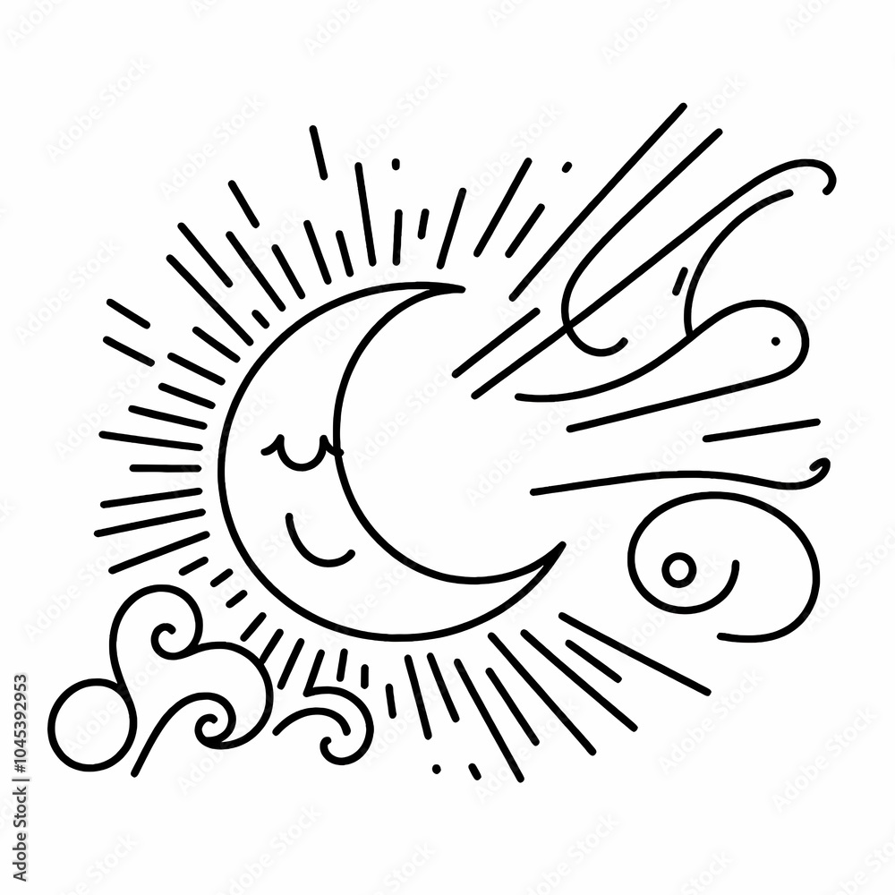 Sleeping crescent moon with rays and swirls, minimalist black line art ...