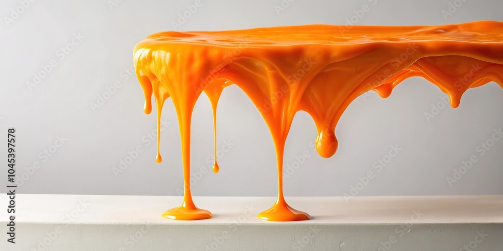 A thick glob of orange slime hanging from the edge of a white surface ...