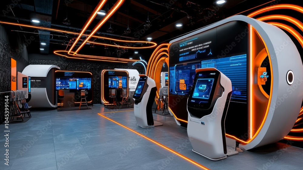 Futuristic tech hub featuring sleek kiosks and modern design elements ...