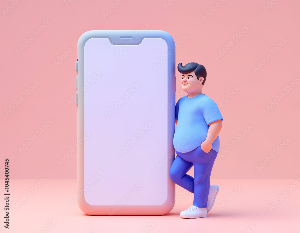 Scrolling mobile screen. Photo and 3d illustration of man standing next ...