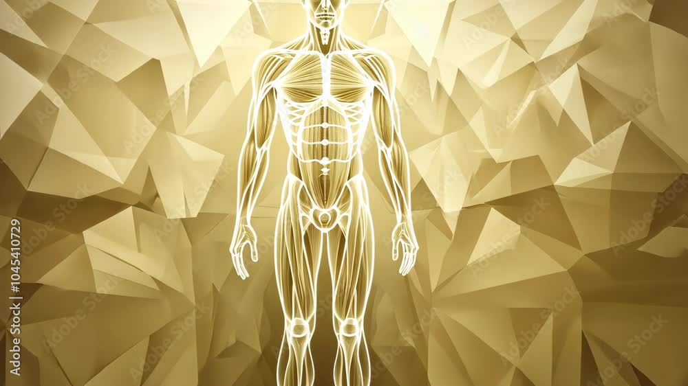 A translucent image of a male human body with muscles outlined in white ...