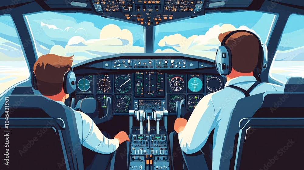 Pilots in cockpit flying an aircraft, modern control panel, blue sky ...