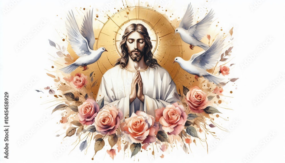 Jesus with halo, hands in prayer, surrounded by doves and roses, golden ...