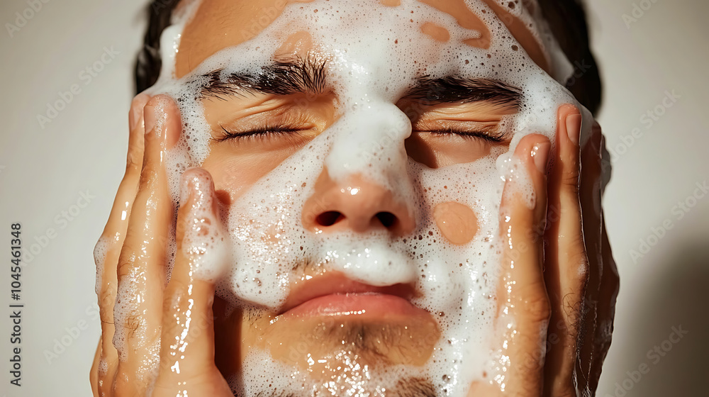 man is rinsing his face after shaving, showcasing refreshing moment ...