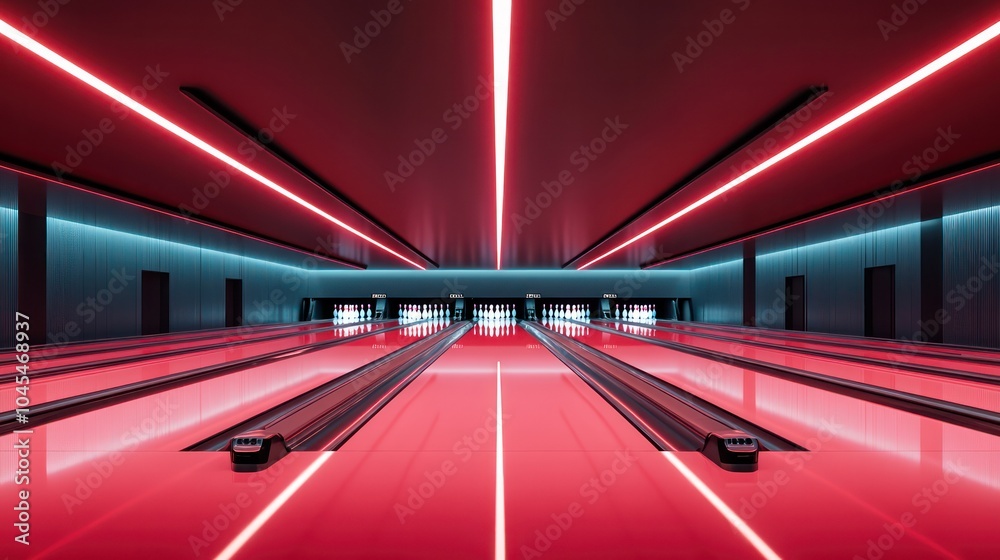 Empty bowling lanes with lighting in a bowling alley. Low-angle ...