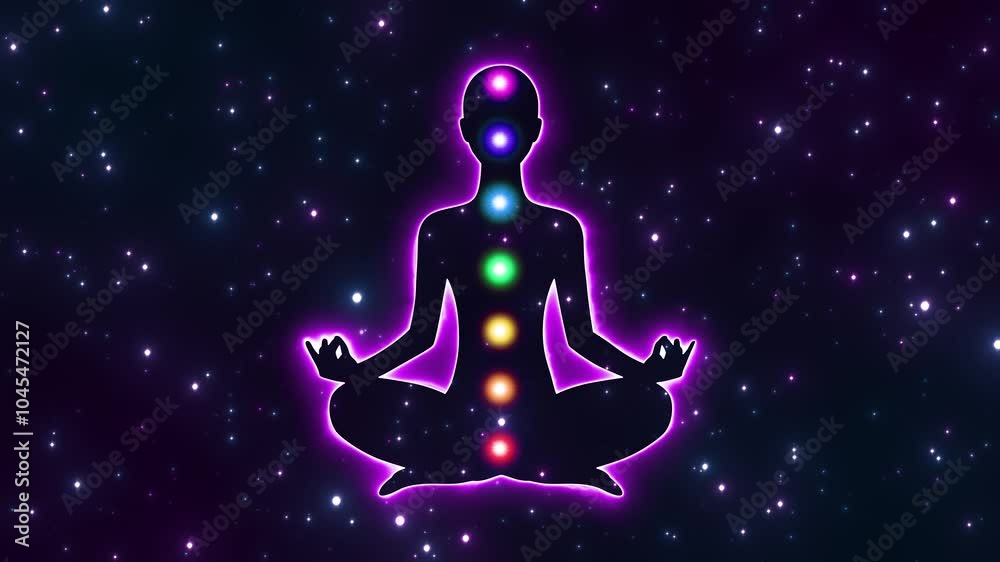 yoga meditation woman pose in the space animation , neon glowing chakra ...