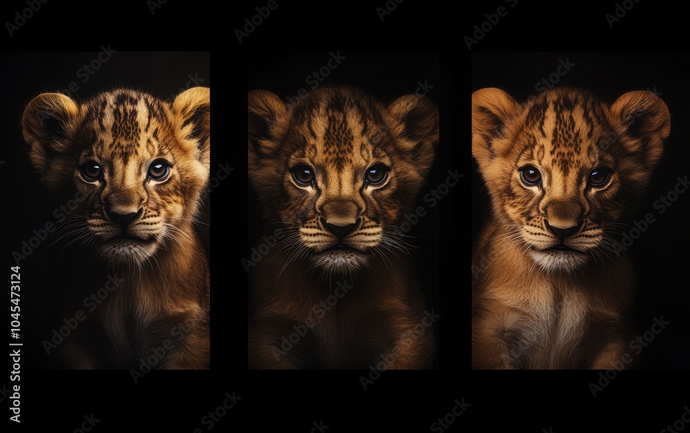 A visual concept illustrating lion cubs at 3, 6, and 9 months of age ...