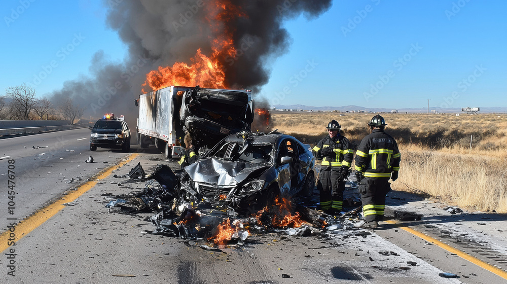 serious accident scene with small car crushed under trailer, flames and ...