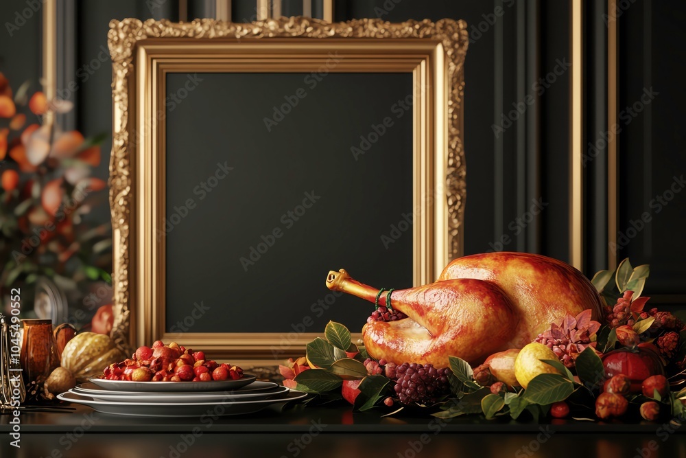 Elegant gold frame on a podium with softfocus Thanksgiving dinner, warm ...