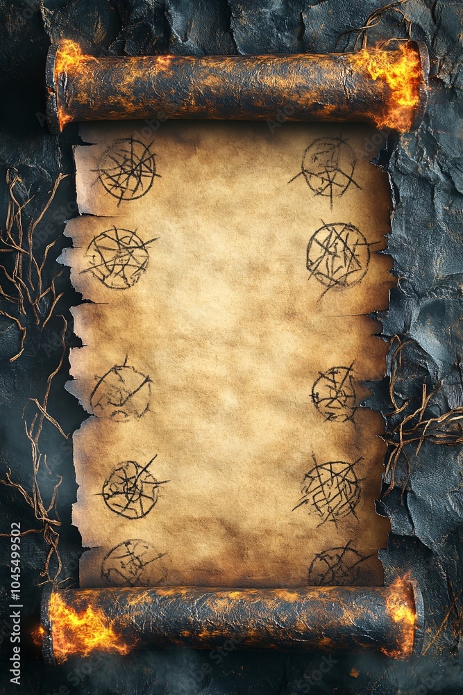Ancient scroll surrounded by flames a mysterious artifact with occult ...