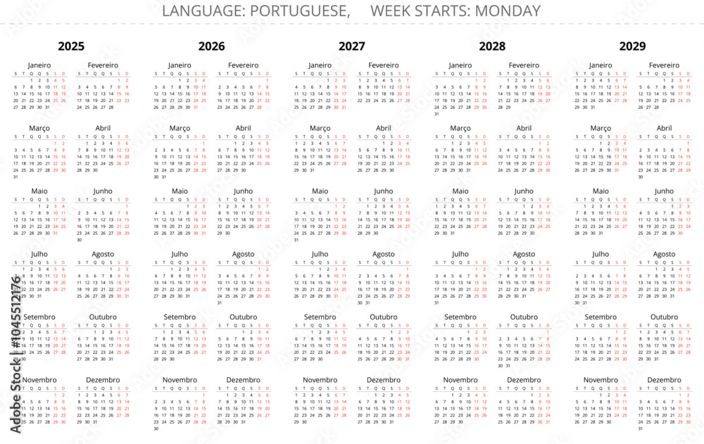 2025, 2026, 2027, 2028, 2029 portuguese year calendars. Vector ...