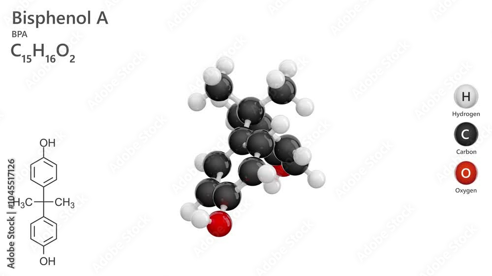 Bisphenol A or BPA. Xenobiotic. Endocrine disruptor. Animated 3D model ...