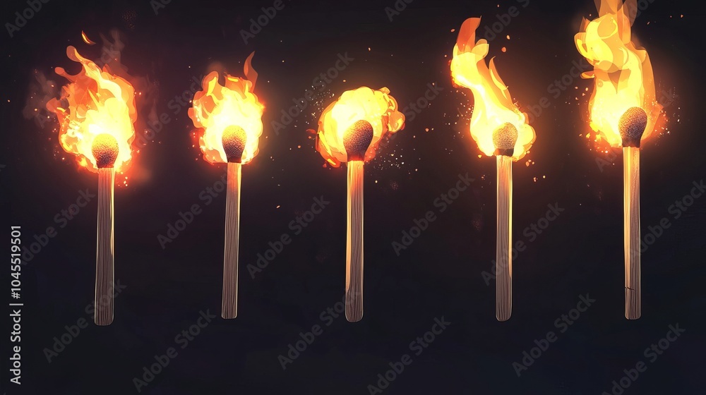 Burning match animation kit. Wood whole matchstick with sulfur head ...