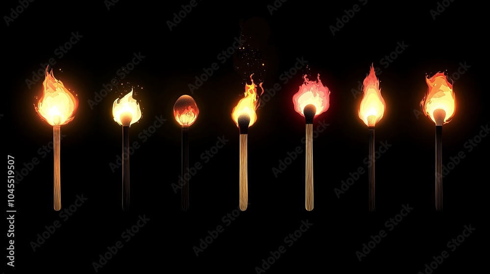 Burning match animation kit. Wood whole matchstick with sulfur head ...