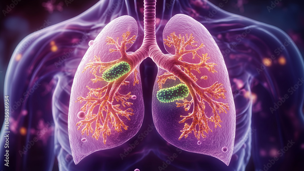 3D illustration of lungs infected by Bordetella pertussis bacteria, the cause of whooping cough ...