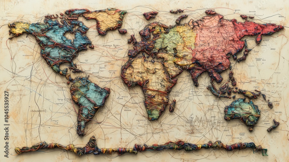 A world map with detailed trade routes depicted by thin lines ...