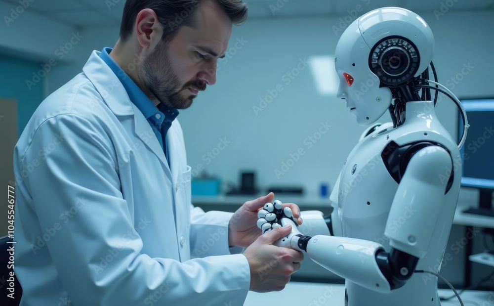 Two scientists in a modern laboratory are working on a new invention ...