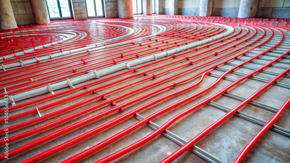Red and white pipes laid out in a grid pattern for a radiant heating ...