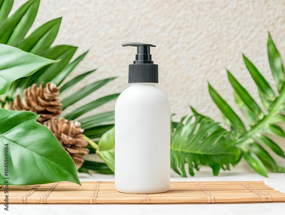 Blank sunscreen pump bottle standing on a bamboo mat with a background ...