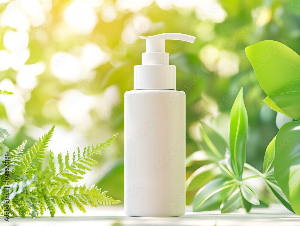 Blank sunscreen pump bottle standing in a tropical garden with dappled ...