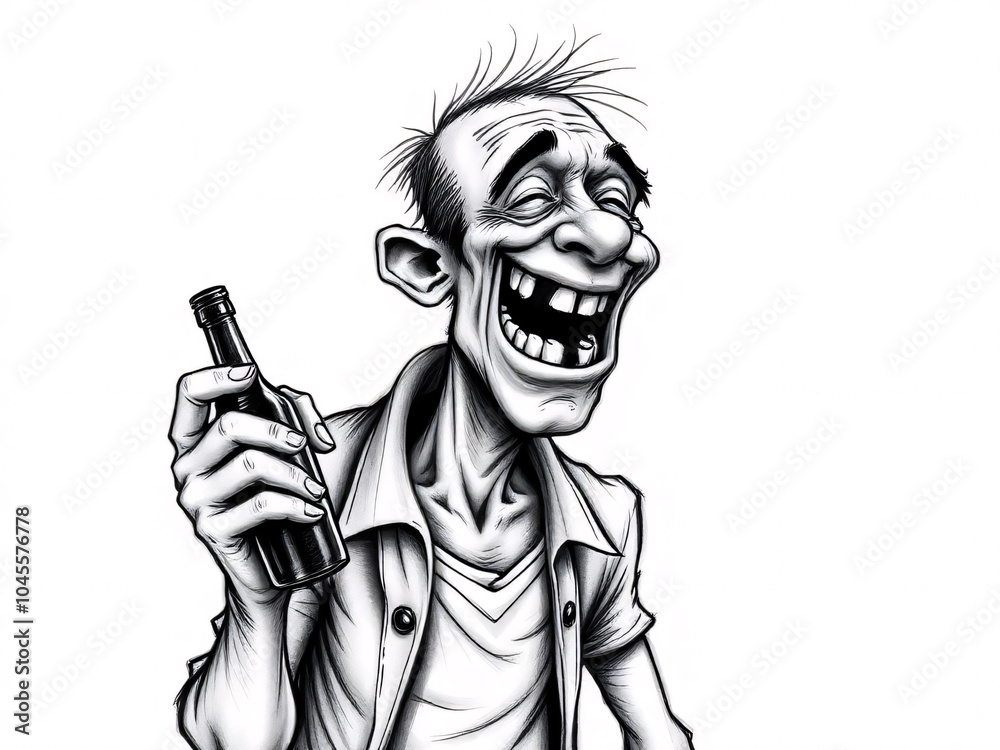 A charcoal drawing of a cheerful drunkard holding a beer bottle while ...