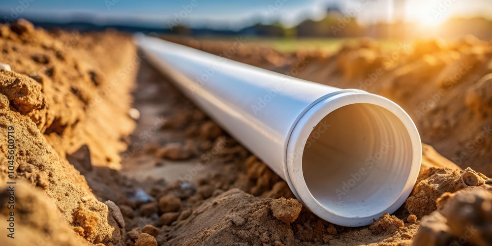 A white PVC pipe laid in a trench of loose dirt, bathed in the golden ...