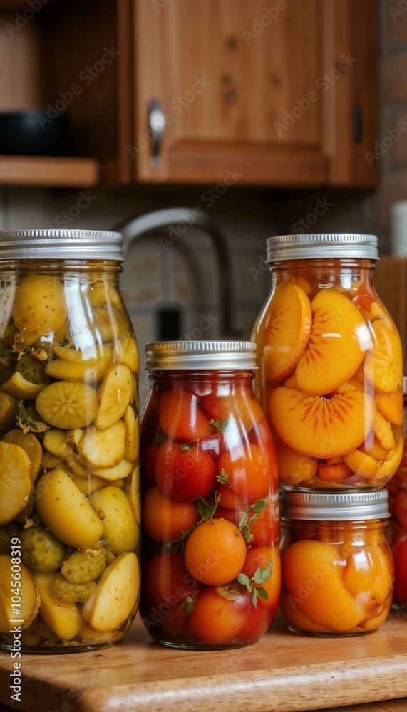 Artisanal Home-Preserved Foods in Glass Jars with Rustic Kitchen ...