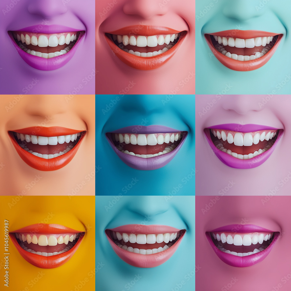 Pop art collage, set of smiles with beautiful teeth, dentistry ...
