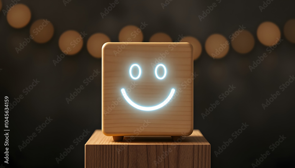 correct sign over the happy face icon on wood cube with blurred others ...