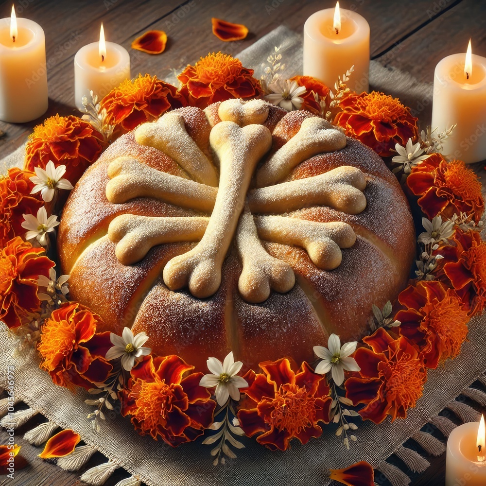 Día de los Muertos ofrenda with Pan de Muerto, calaveras, cempasúchil ...