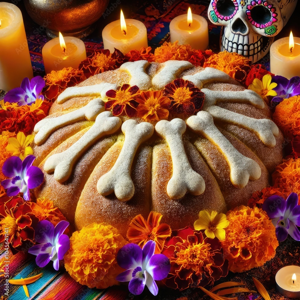 Día de los Muertos ofrenda with Pan de Muerto, calaveras, cempasúchil ...