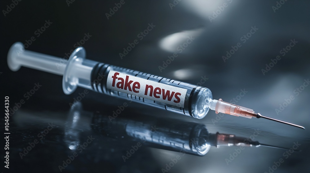 A syringe labeled 'fake news' symbolizing the injection of ...