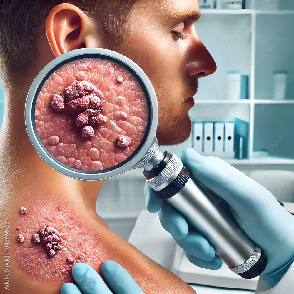 Dermatologist using a dermatoscope to examine a patient’s skin lesion ...