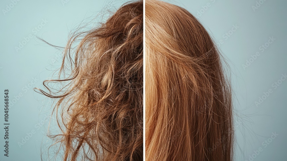 Close-up of hair divided into two halves one side rough and tangled ...